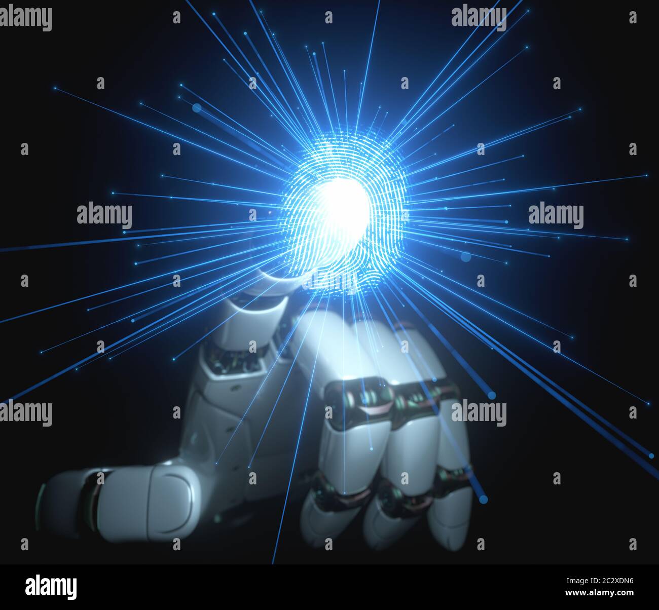 Robotic hand reaching out and touching a human fingerprint. Concept of ...