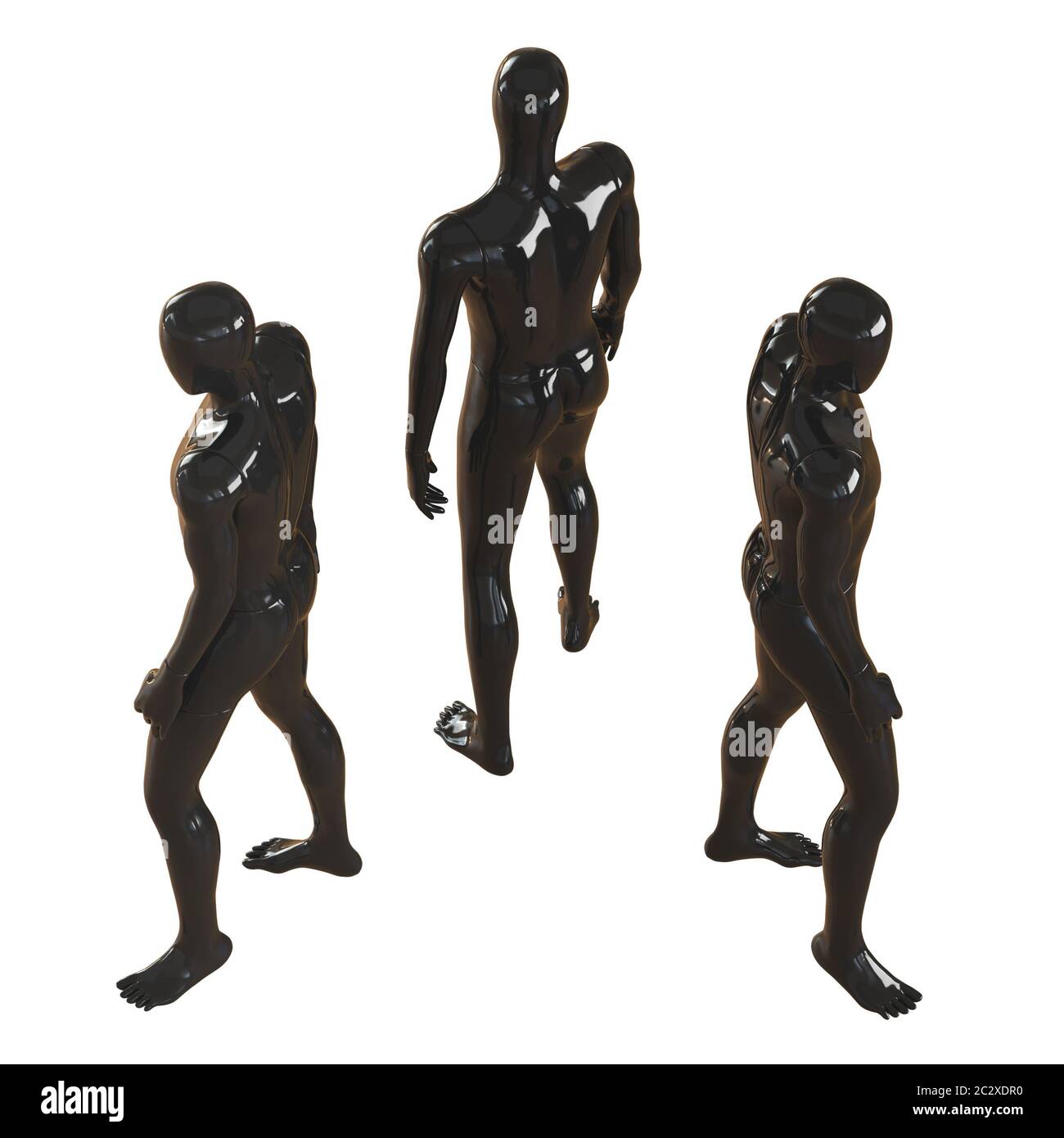 Black mannequins stand with a triangle with their backs to each other ...