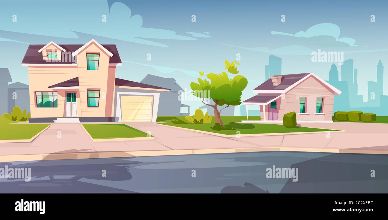 Suburban cottages, residential house with garage. Vector cartoon ...