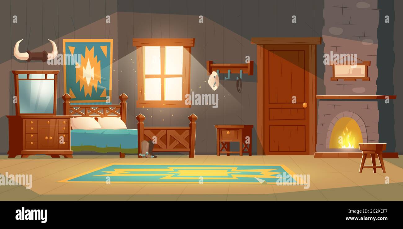 Cowboy bedroom interior with wooden bed, nightstand, fireplace and hat ...