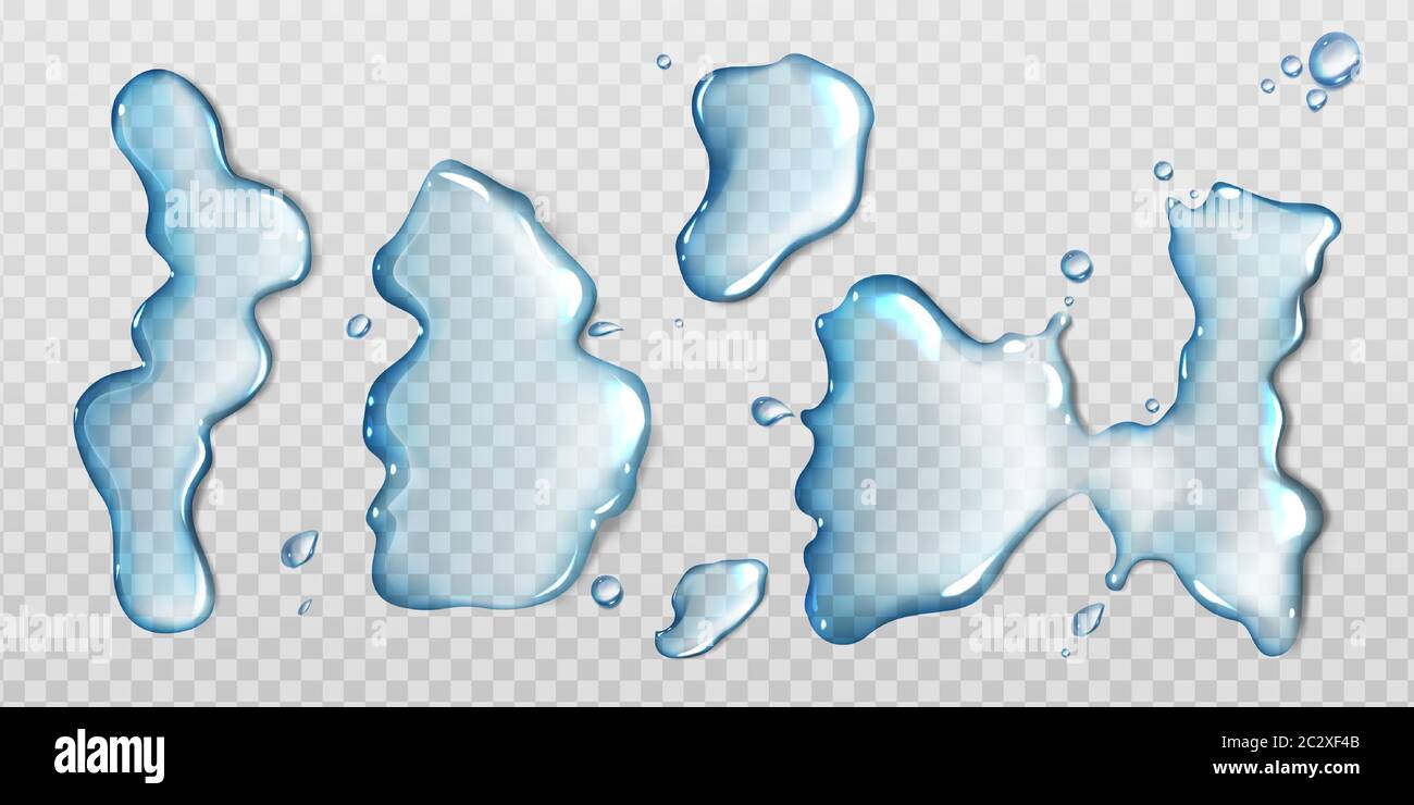 Water spill puddles top view set, aqua liquid splashes with scattered ...