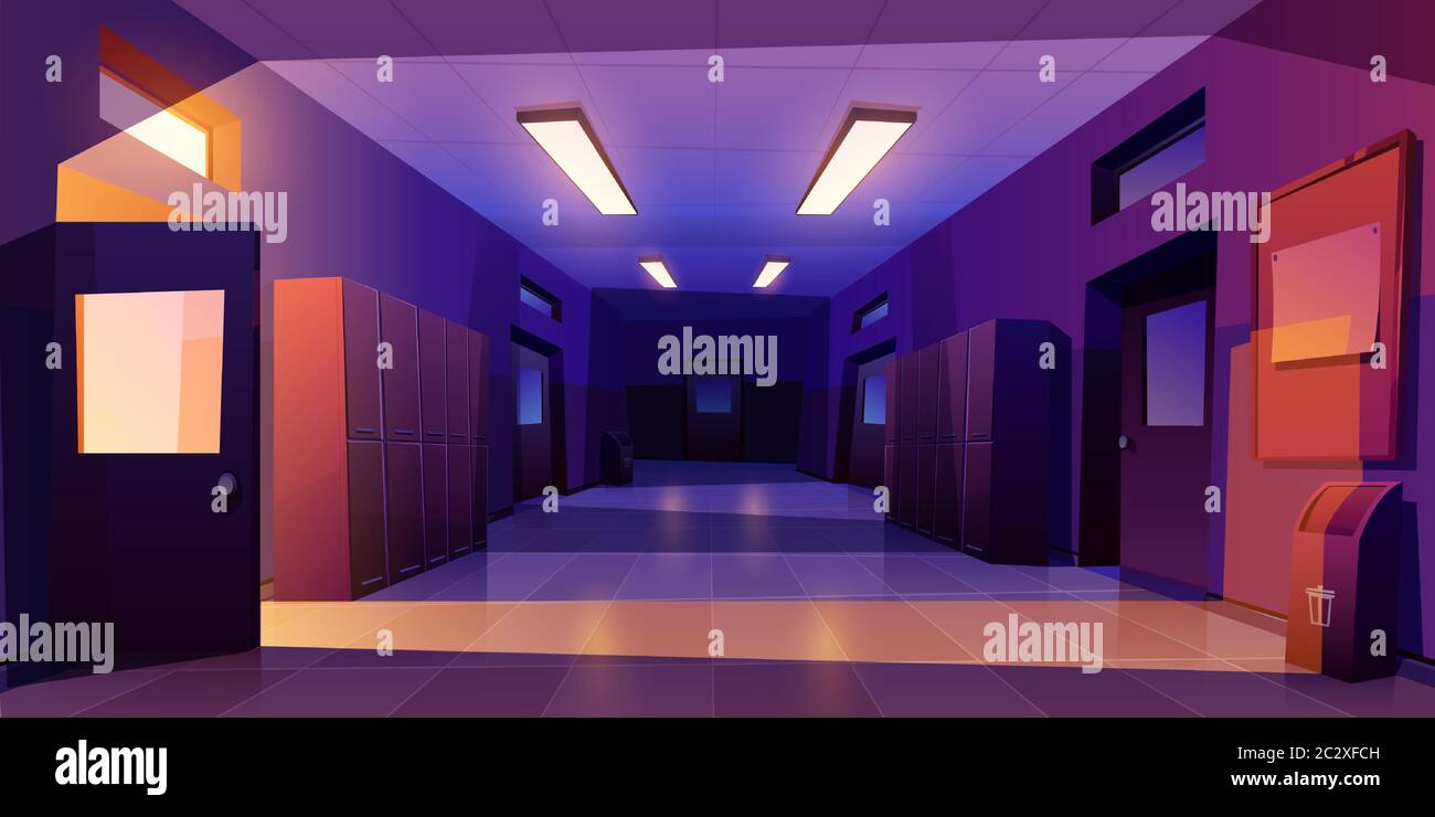 School hallway night interior with entrance doors, lockers and bulletin ...