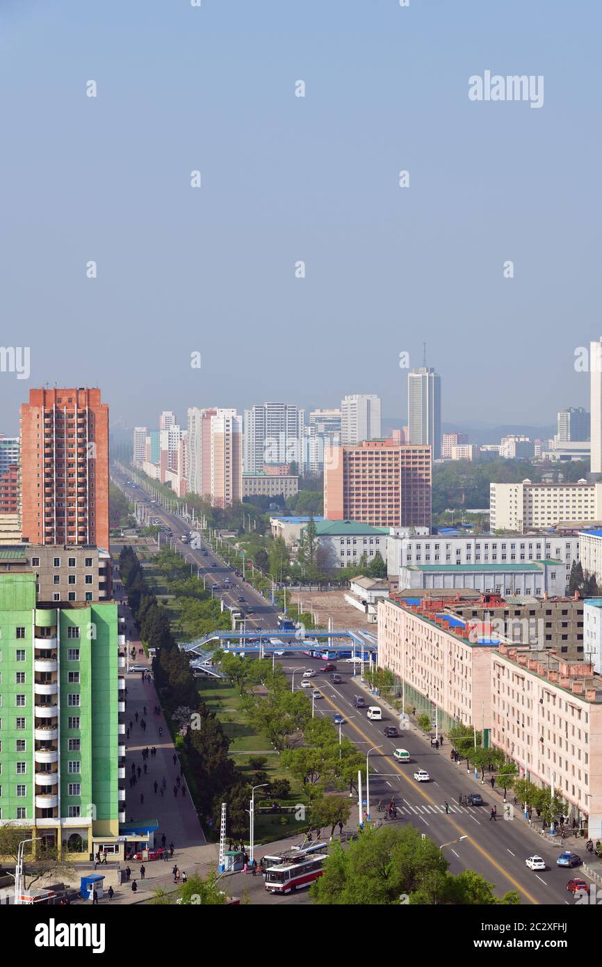 North Korea, Pyongyang - May 1, 2019: View on the city, avenues, modern ...