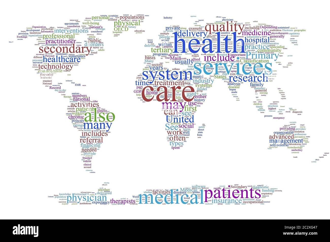 Health care world map word cloud illustration on the isolated ...