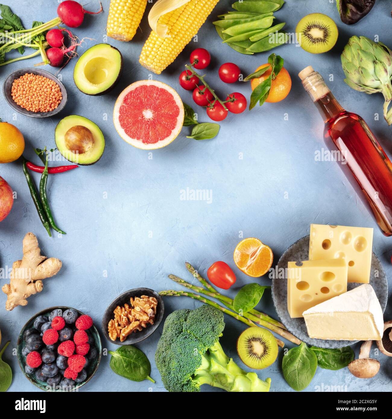 Food, square overhead shot of vegetables and fruits, legumes, wine and ...