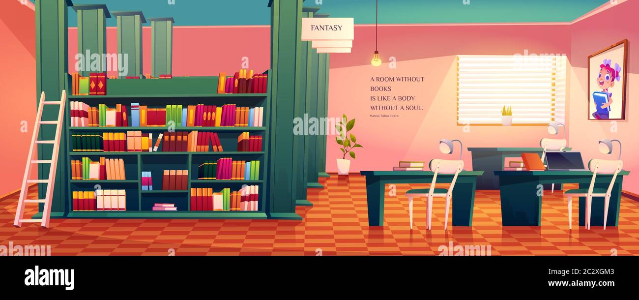 Library interior, empty room for reading with various books on wooden ...