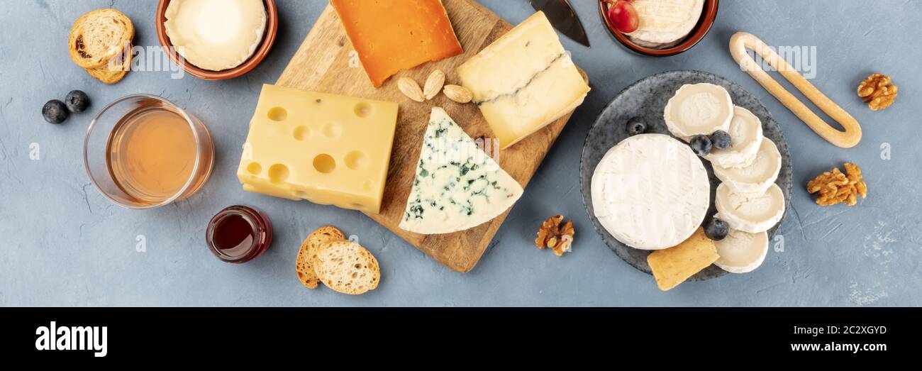 Cheese platter overhead panoramic shot. An assortment of different ...