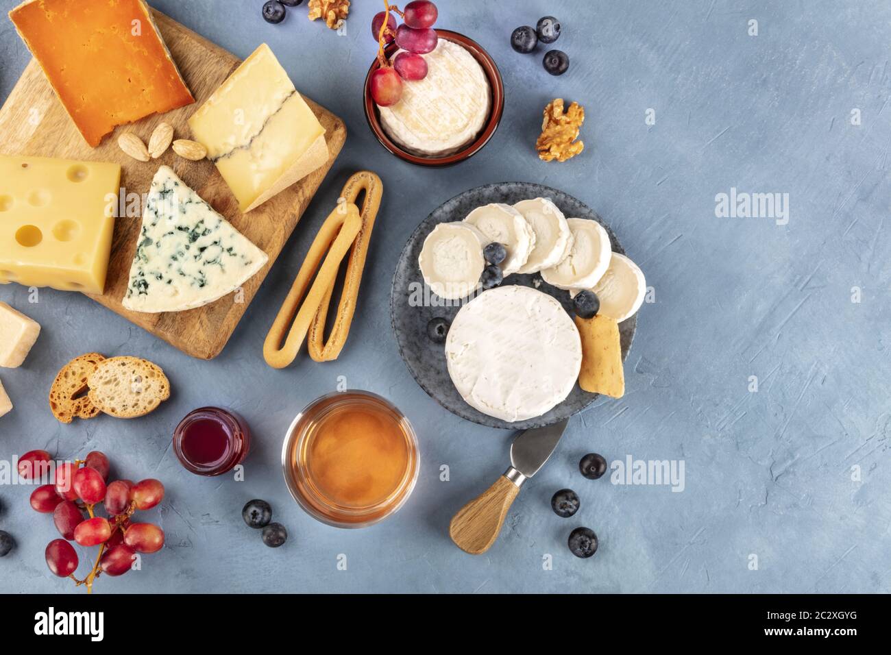 Cheese platter, a flat lay overhead shot. Blue cheese, red Leicester ...