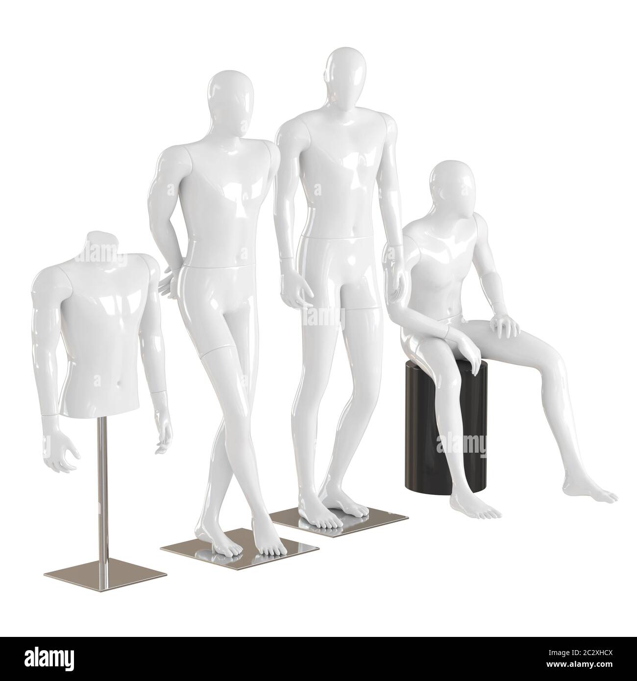 Four different white mannequins in a standing and sitting pose and one ...