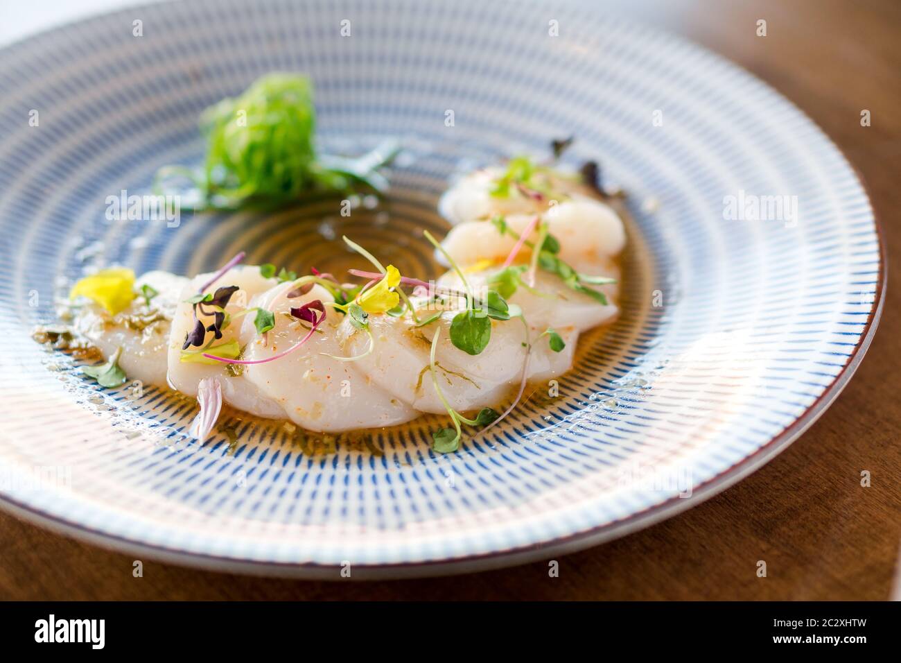 Raw scallops sashimi seafood dish. Fresh raw scallops sashimi dish ...