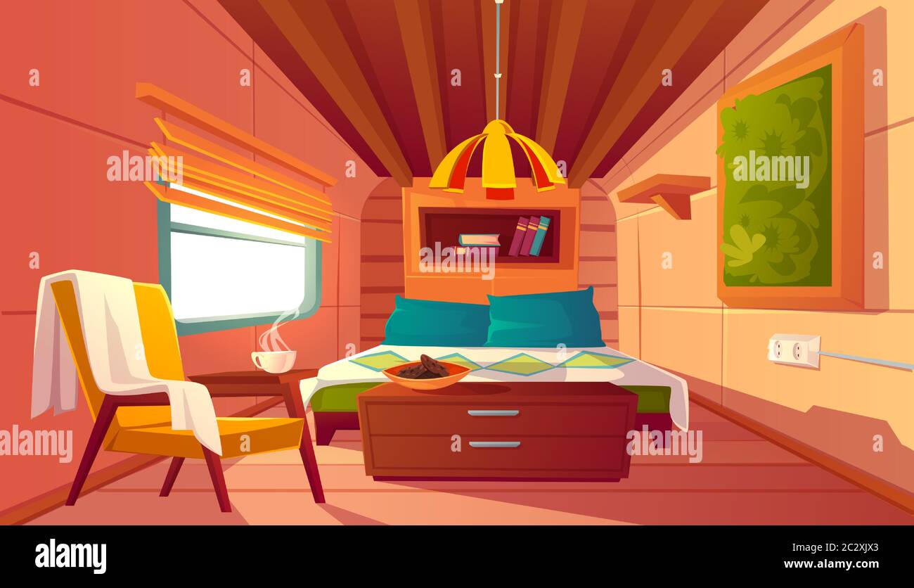 Camper interior with bed, bookshelves, chair and nightstand. Empty ...
