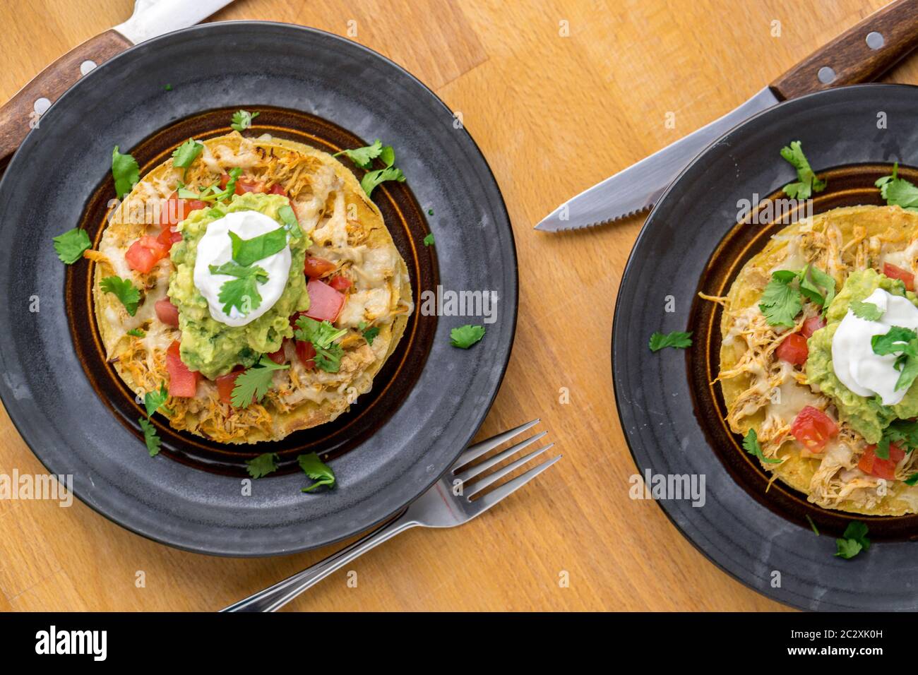Chicken tostadas top view. Tostadas are a type mexican food, made with ...