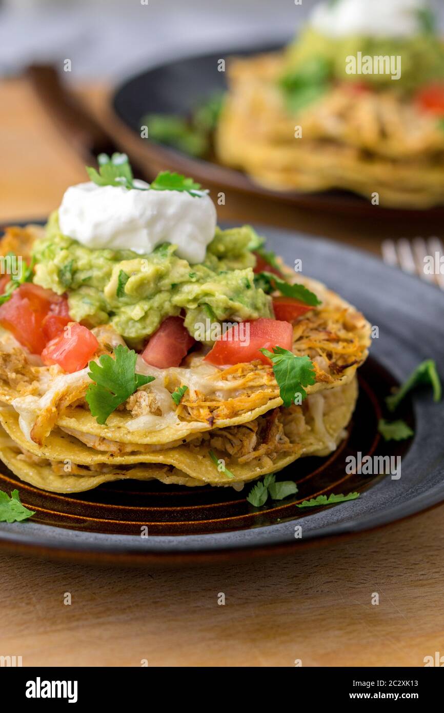 Stacked tostada dish closeup. Tostadas are a type mexican food, made ...