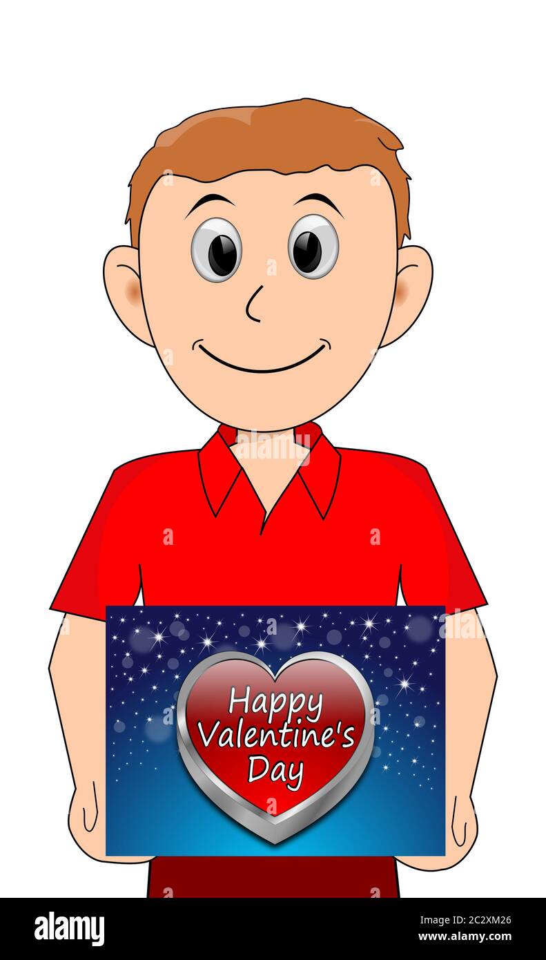 young man holding a blue Happy Valentines Day card â€“ illustration ...