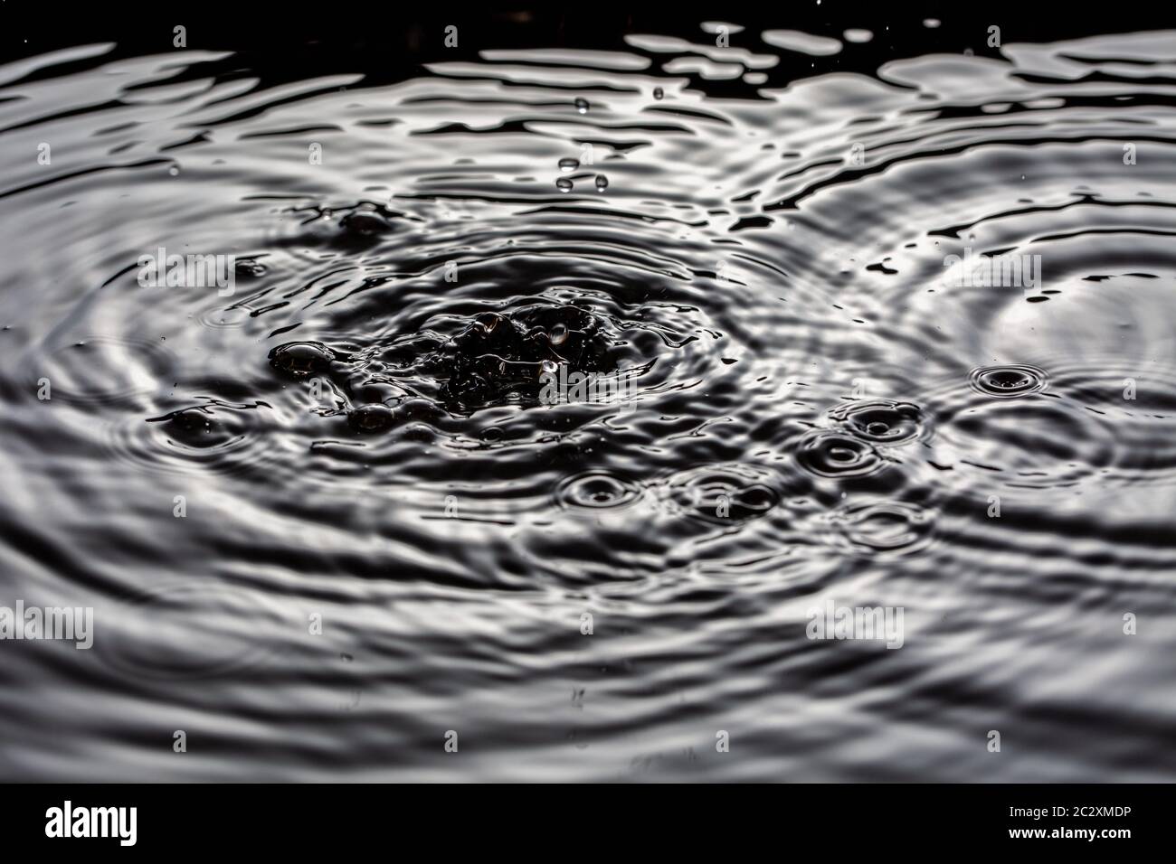 Drops of rain splashing into a puddle, water splashing making circular ...