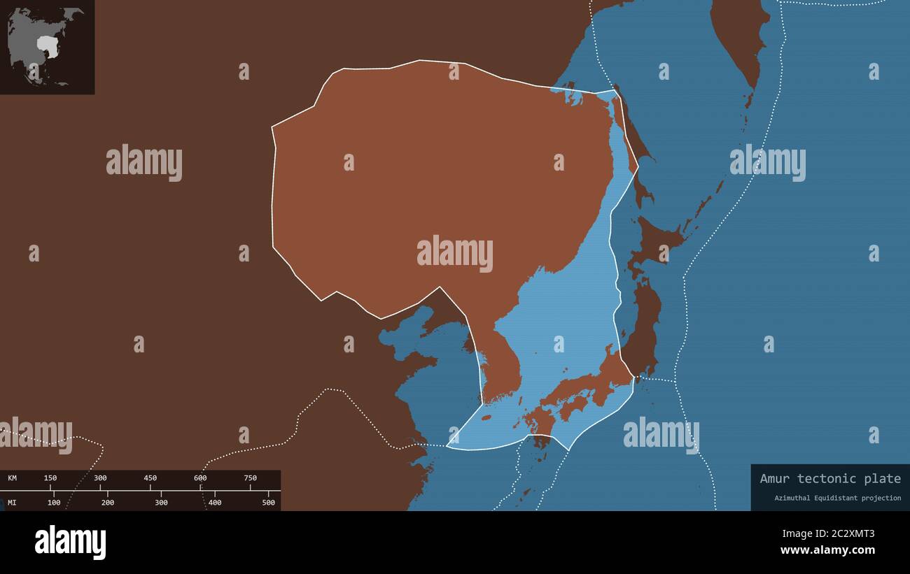 Amur plate shape outlined on a darkened and desaturated background of ...