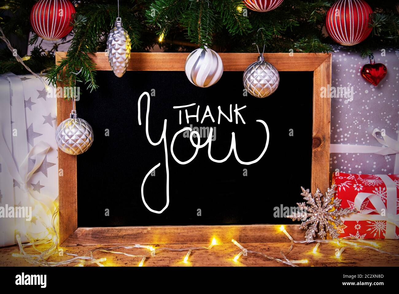 Blackboard With English Text Thank You. Christmas Tree With Ball, Gifts ...
