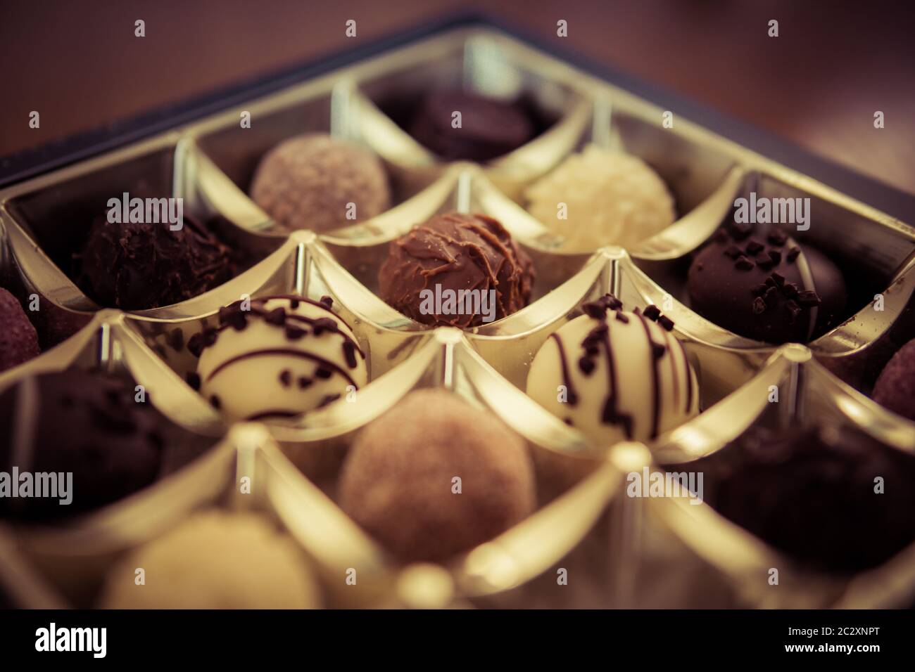 detail of a delicious sphere chocolate cakes inside of a box Stock ...