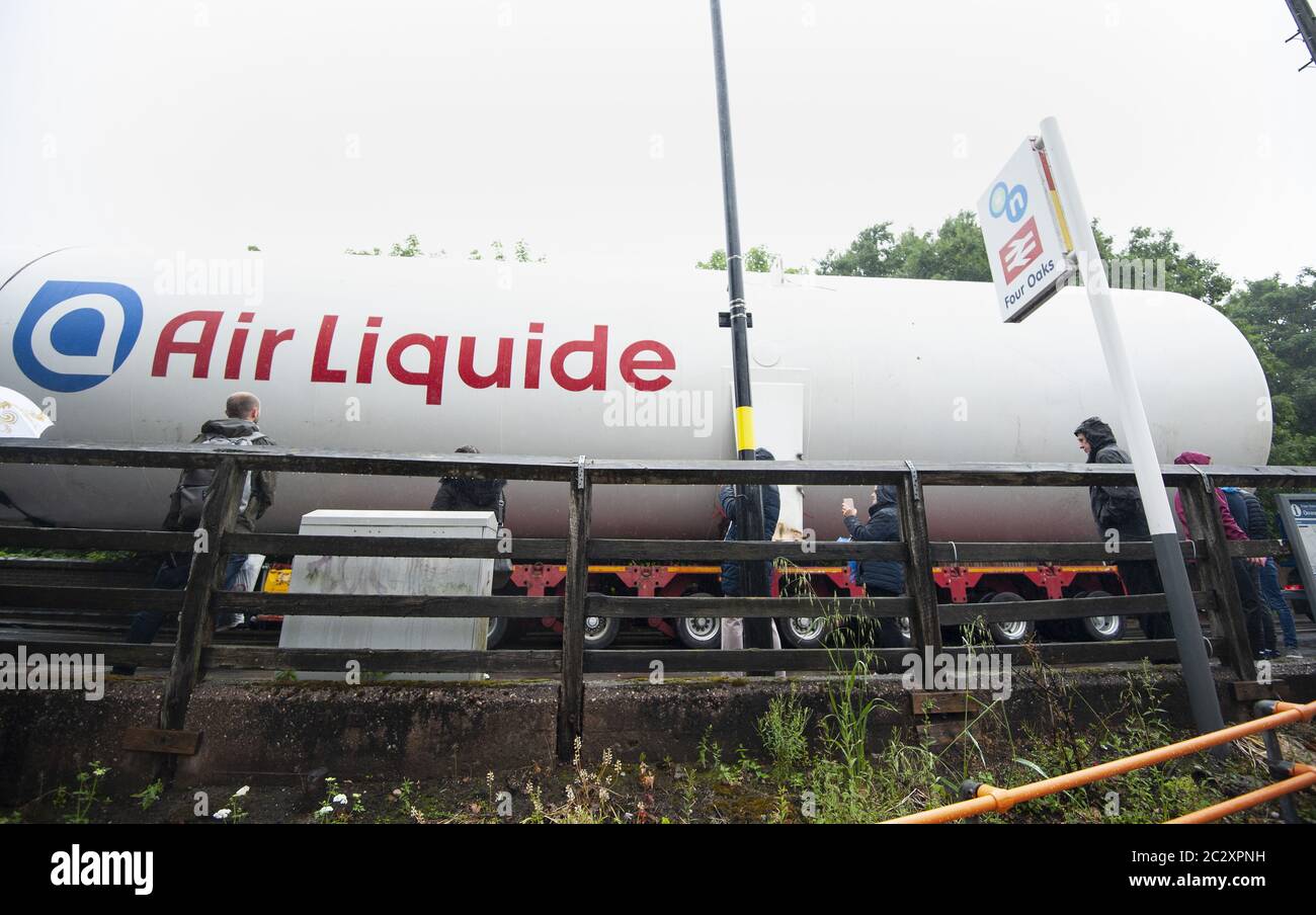 An empty colossal-sized ‘Air Liquide’ medical grade oxygen tank being ...