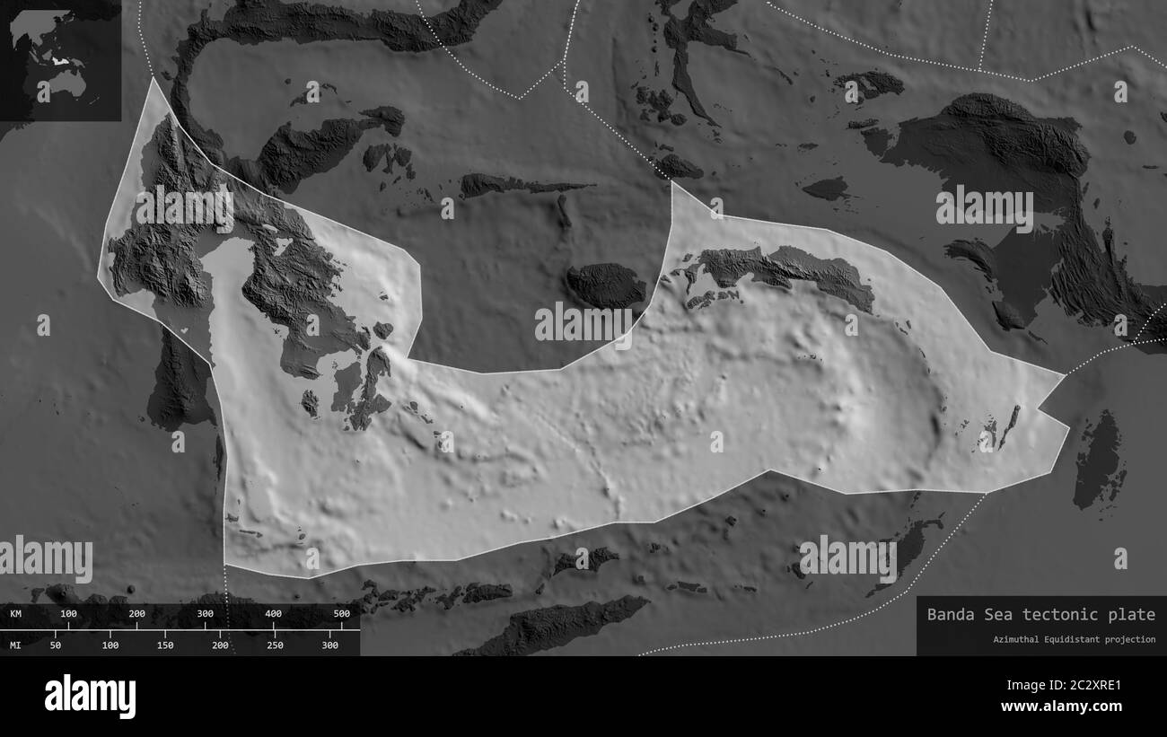 Banda Sea plate shape outlined on a darkened and desaturated background ...