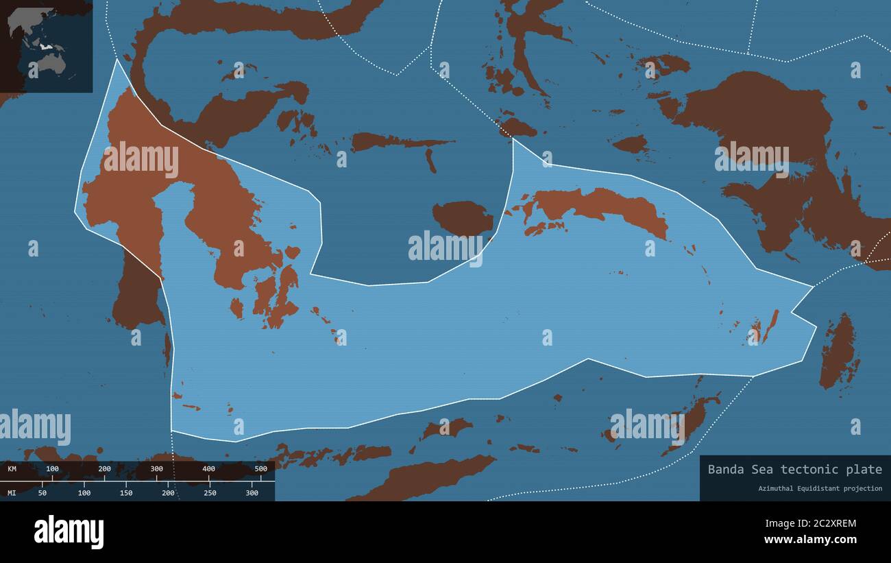 Banda Sea plate shape outlined on a darkened and desaturated background ...
