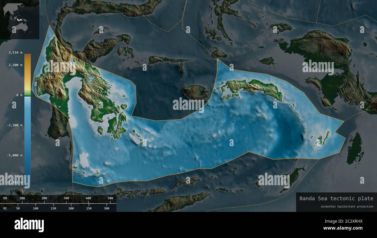 Banda Sea plate shape outlined on a darkened and desaturated background ...