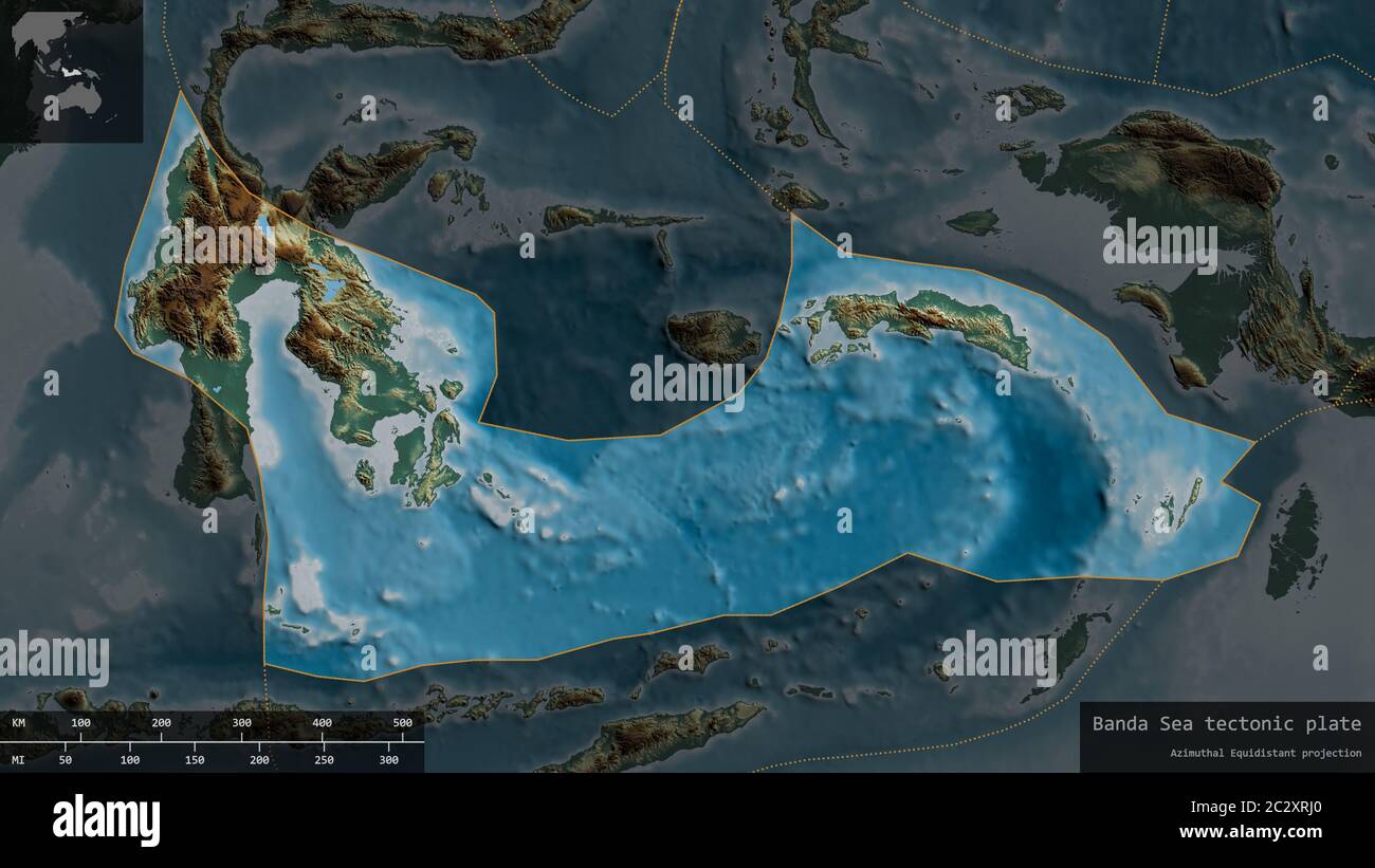 Banda Sea plate shape outlined on a darkened and desaturated background ...