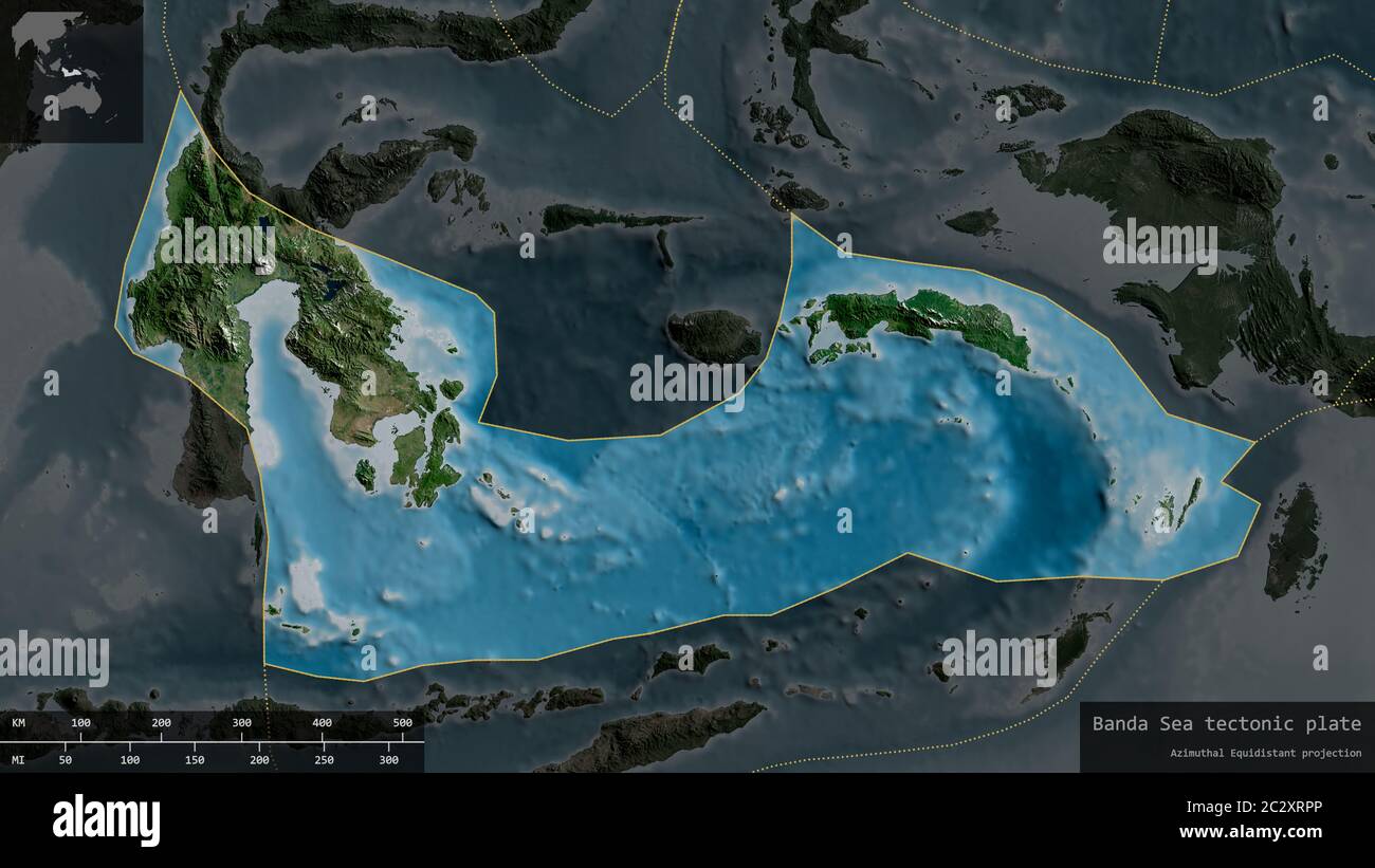 Banda Sea plate shape outlined on a darkened and desaturated background ...