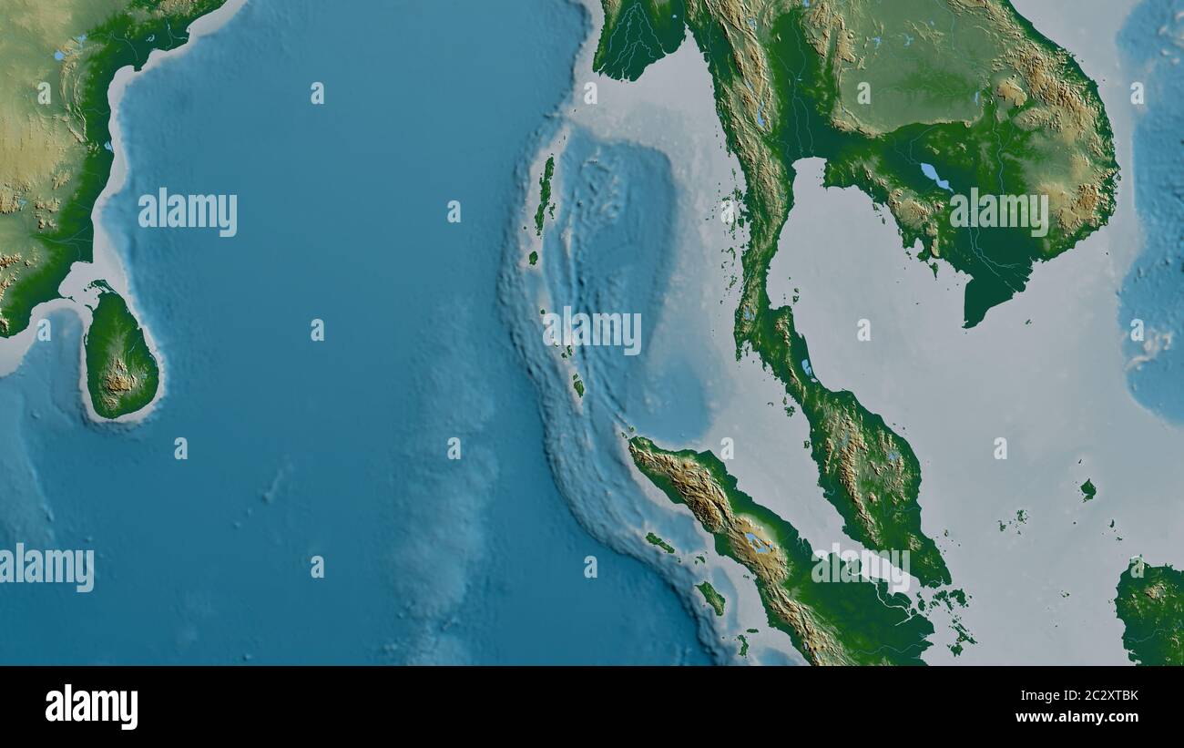 Physical map of the area around the Burma tectonic plate. 3D rendering ...