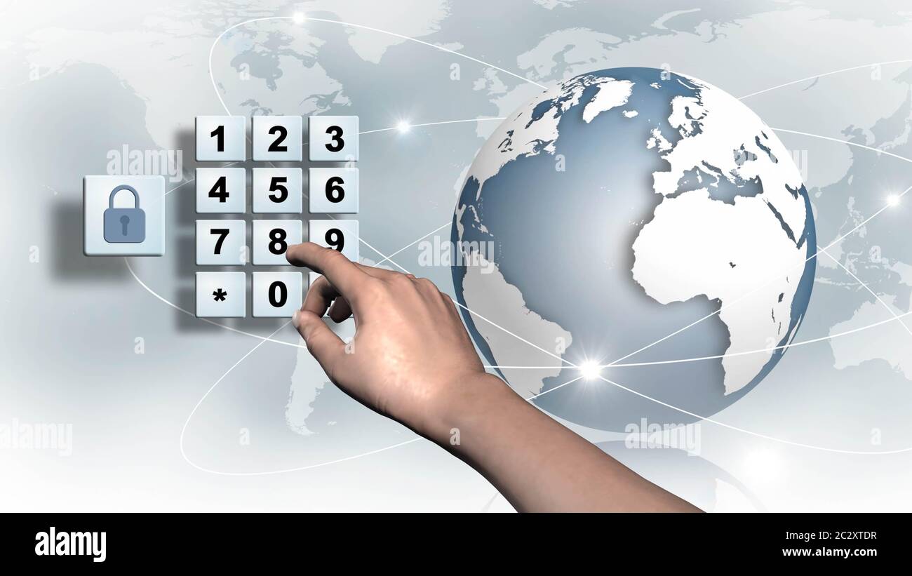 World map with closed padlock and earth globe - pin input at the ...