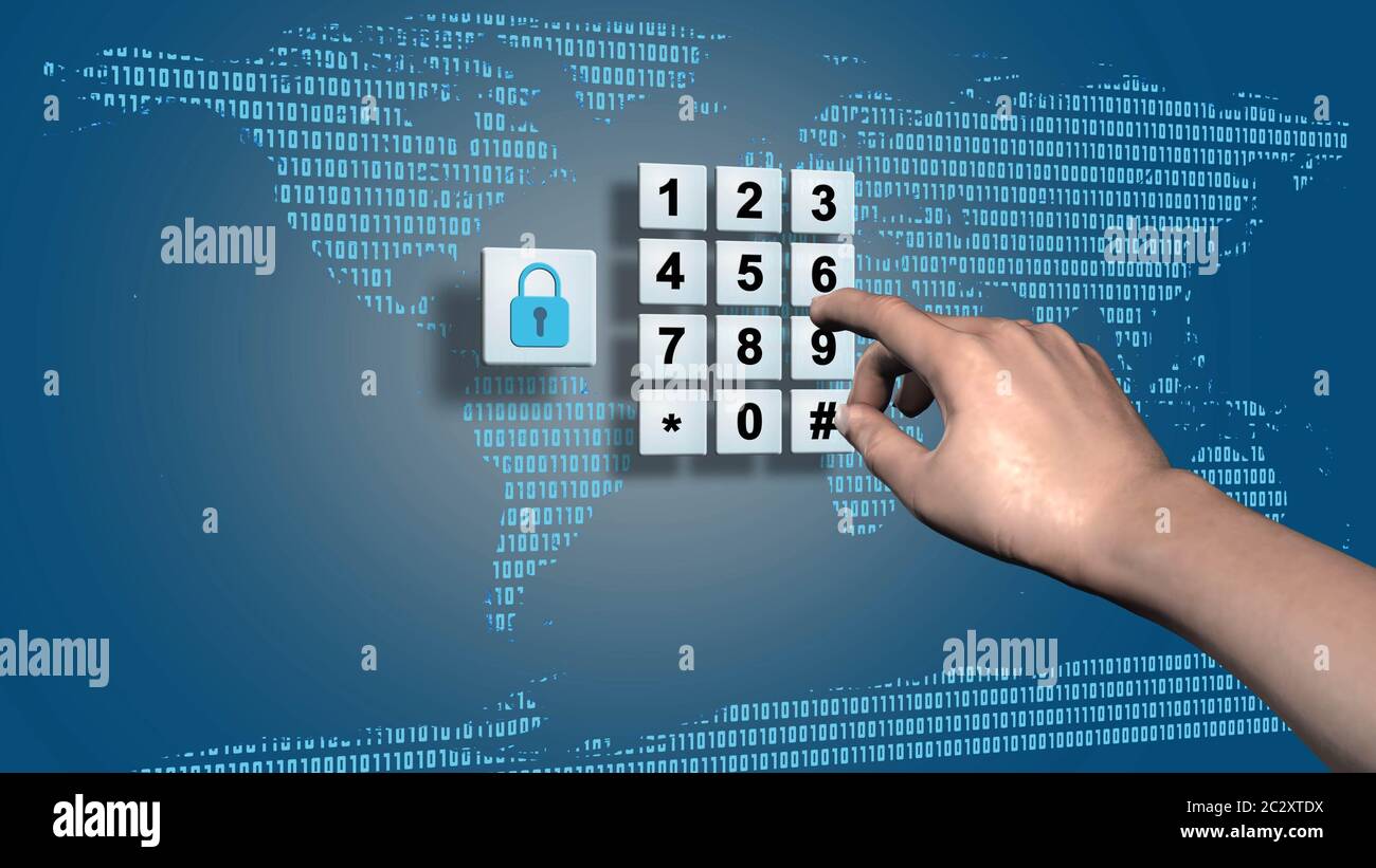 World map and data cloud with closed padlock - pin input at the numeric ...