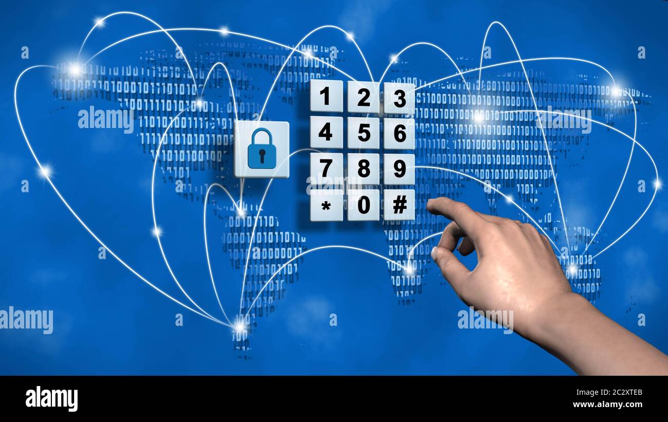 World map and data cloud with closed padlock - pin input at the numeric ...