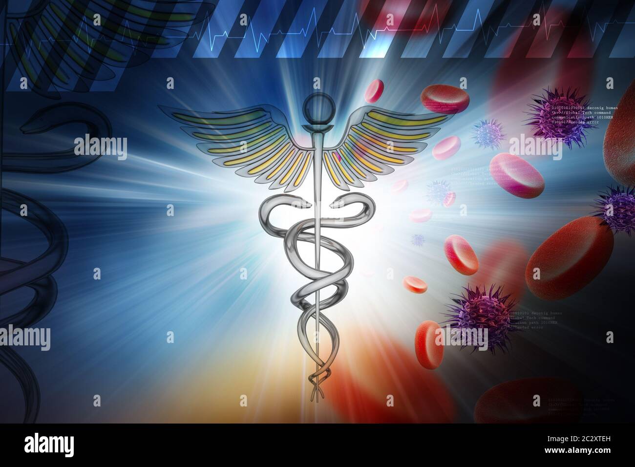 Medical symbol with blood cells and virus in color background Stock ...