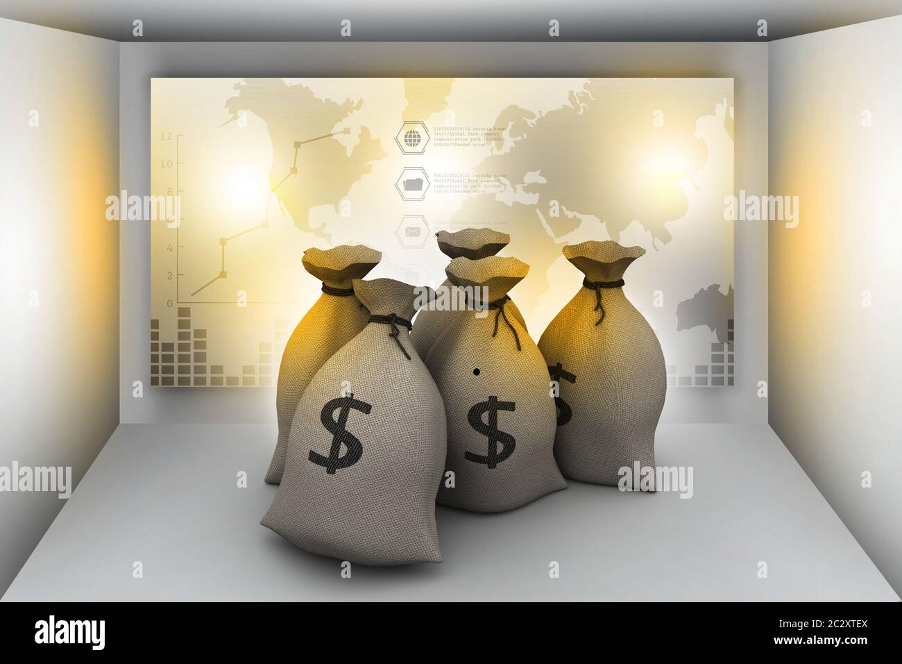 Bundles of money in bags in color background Stock Photo - Alamy