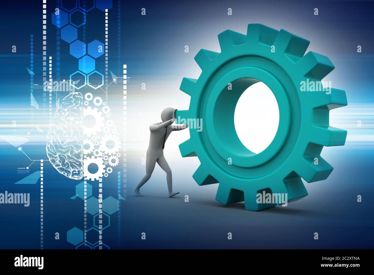 Man pushing gear wheel in color background Stock Photo - Alamy