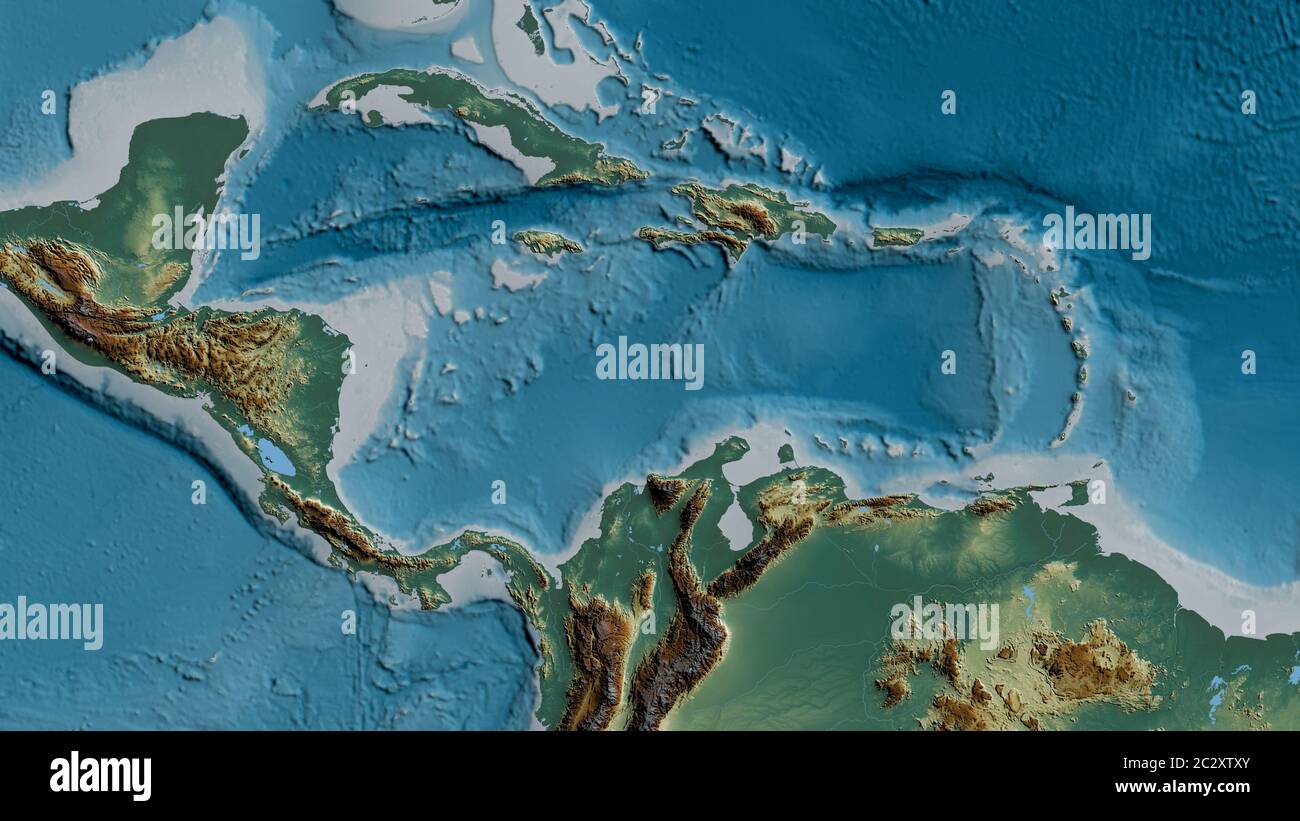 Relief map of the area around the Caribbean tectonic plate. 3D ...