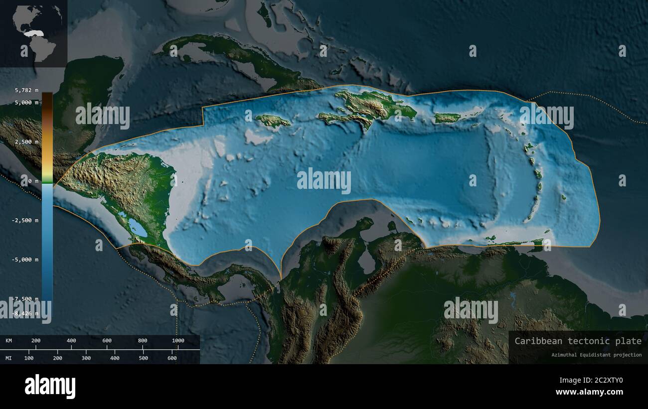 Caribbean plate shape outlined on a darkened and desaturated background ...