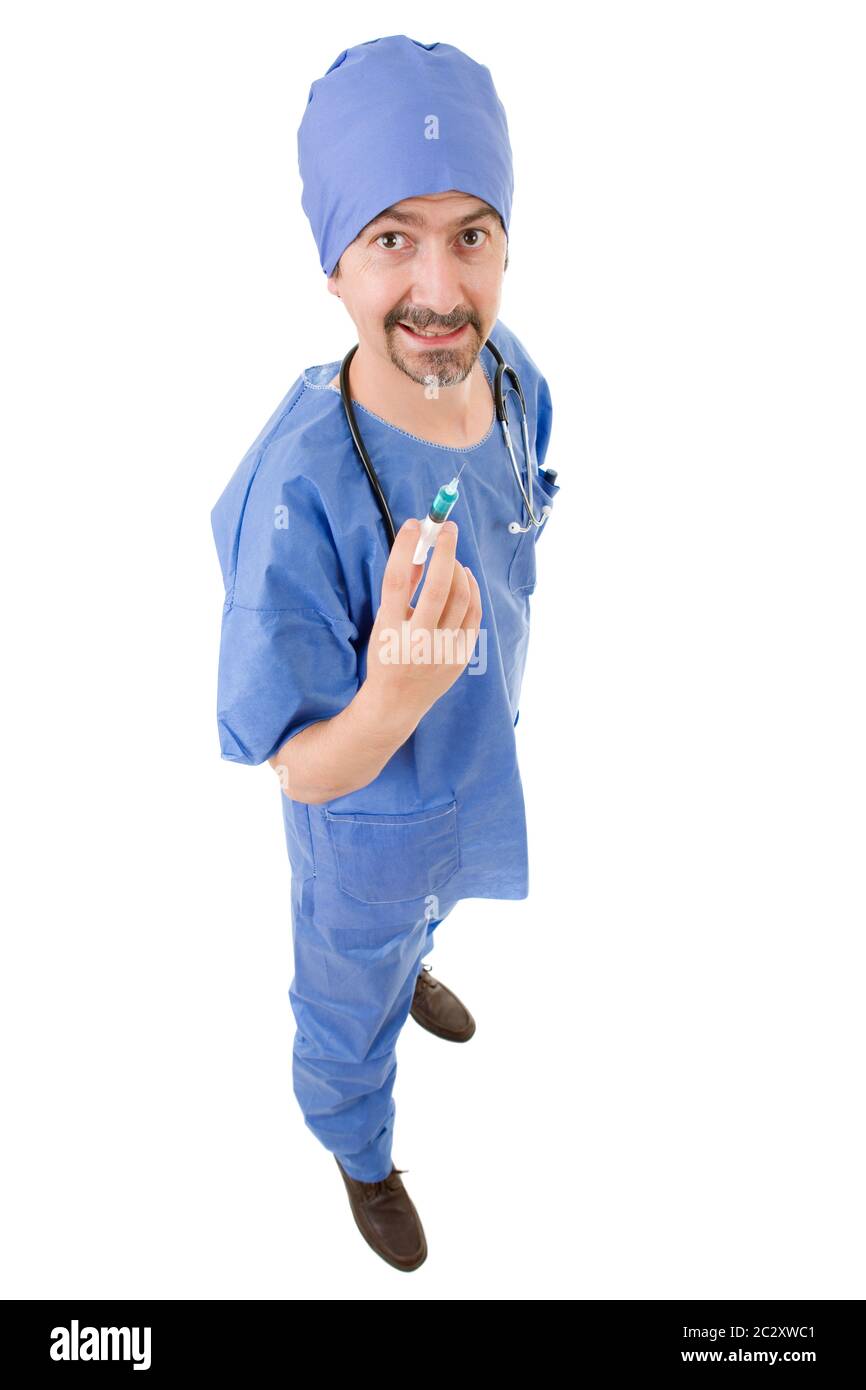 silly doctor with a syringe, full length, isolated on white background ...