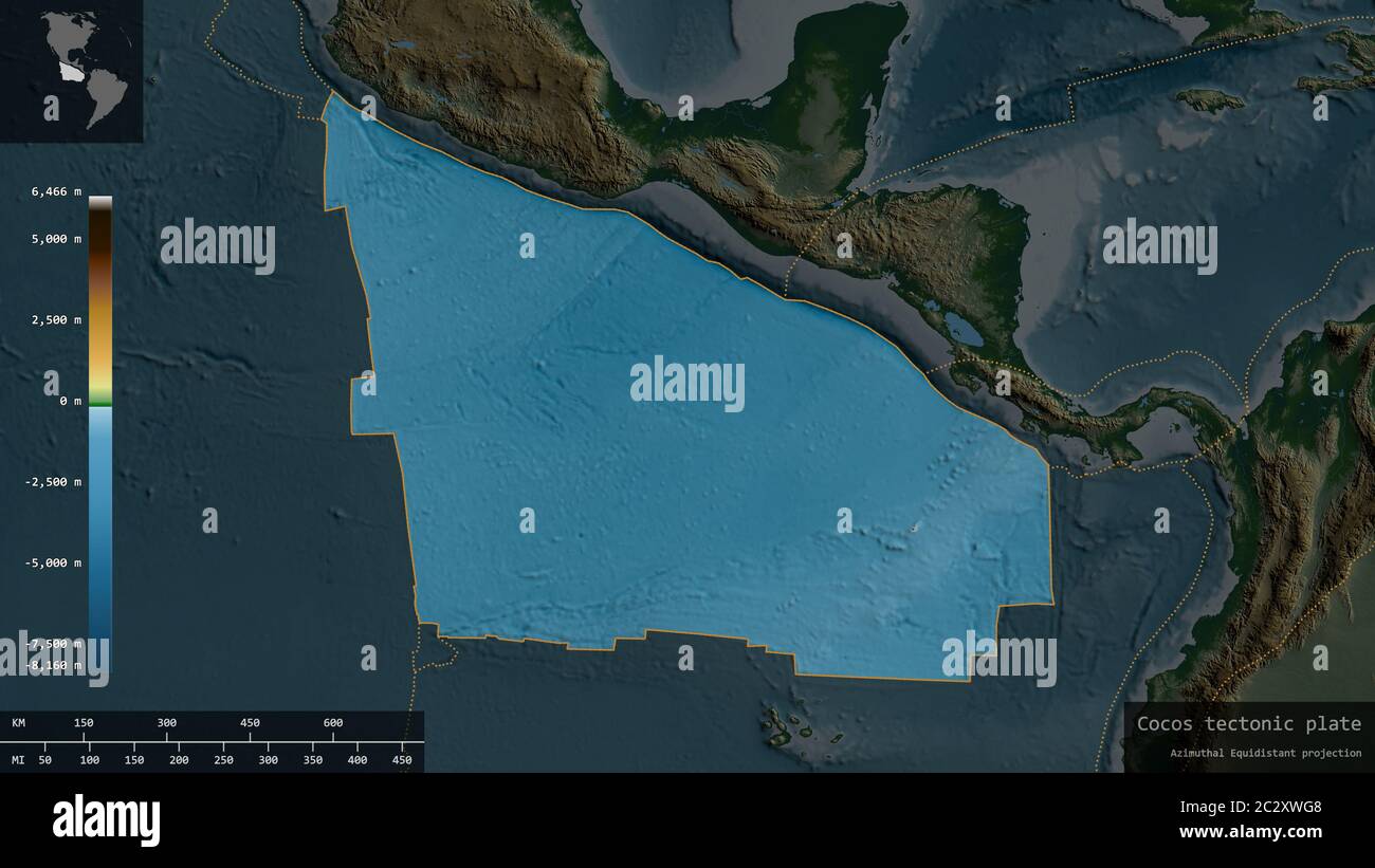 Cocos plate shape outlined on a darkened and desaturated background of ...