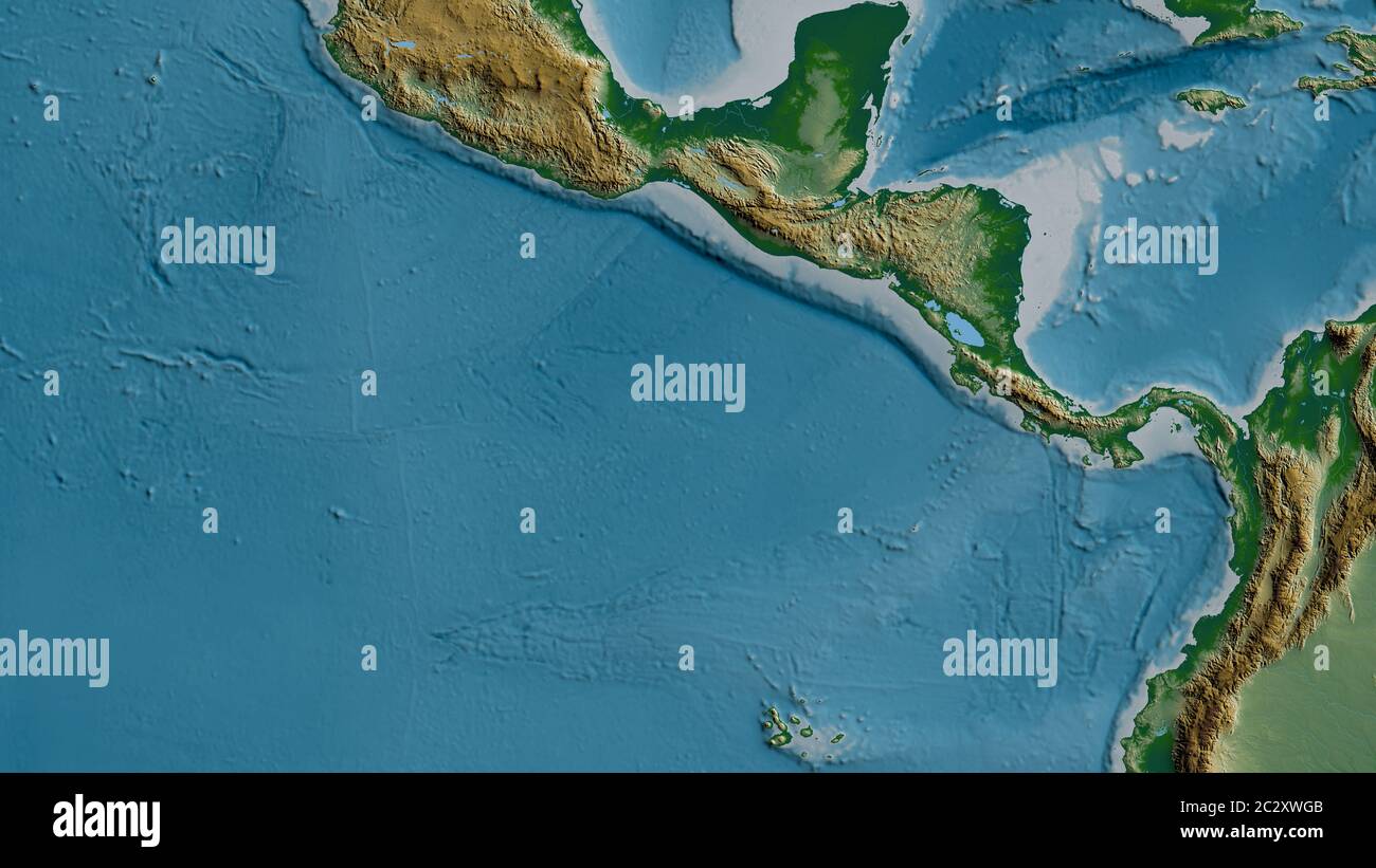 Physical map of the area around the Cocos tectonic plate. 3D rendering ...