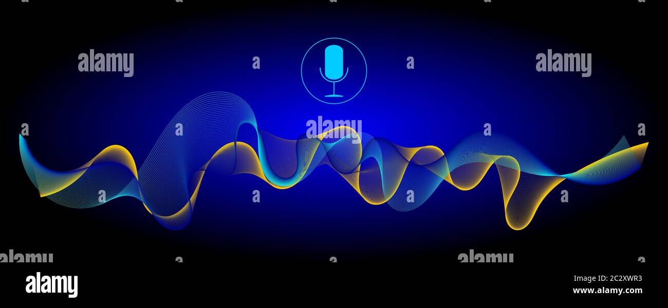 Voice Recognition with a microphone and yellow blue soundwaves â ...
