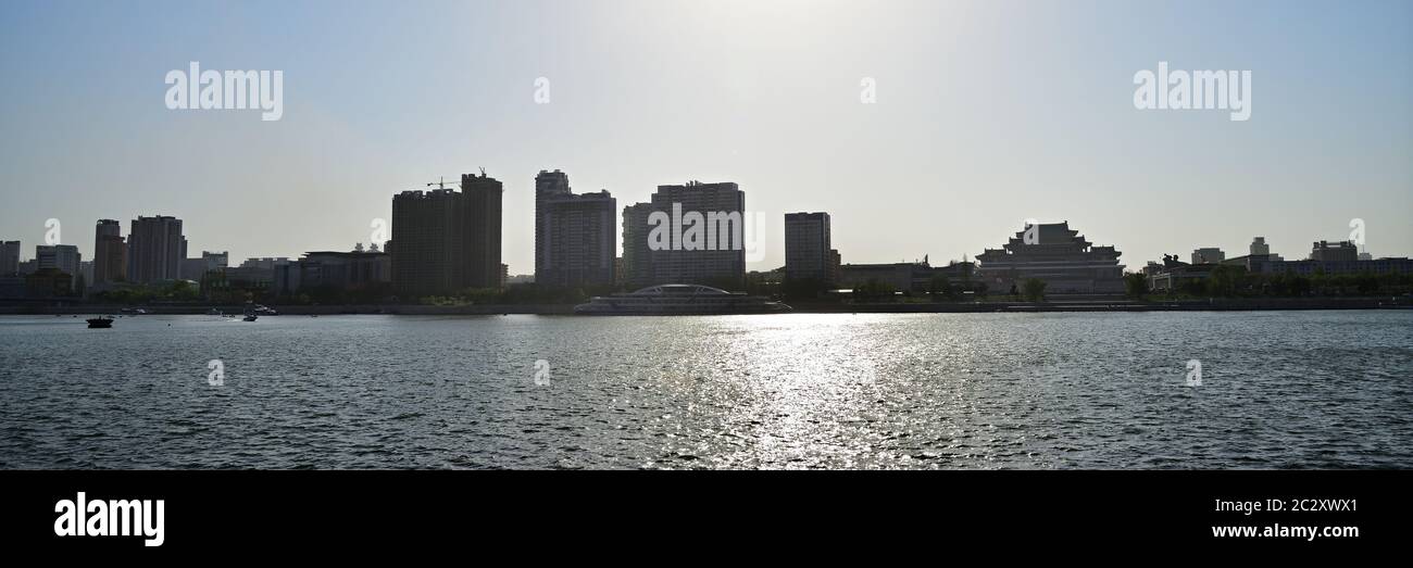 Pyongyang, North Korea - May 1, 2019: Skyline and Taedong River in the ...