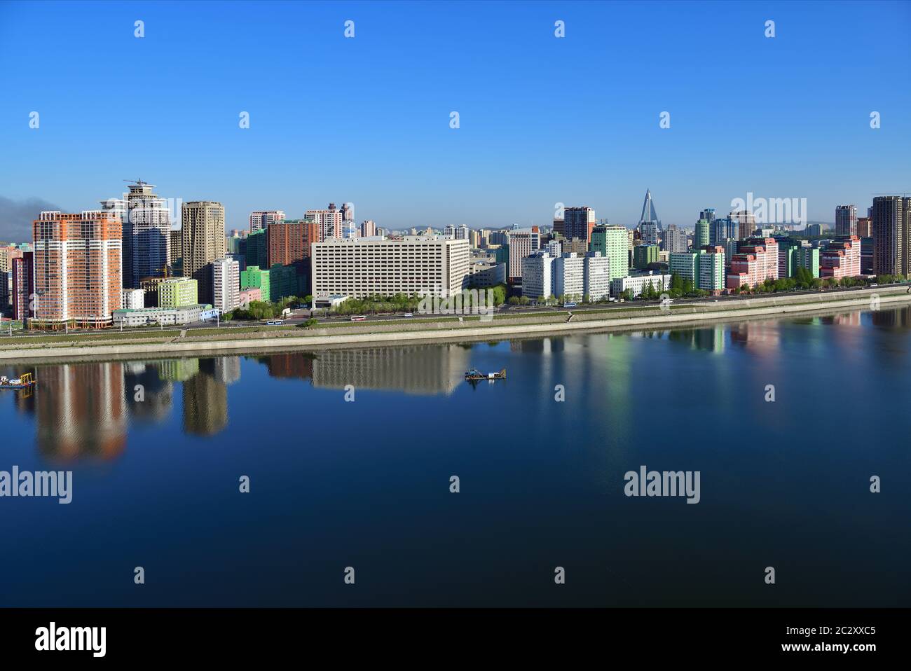 Pyongyang, DPR Korea North Korea and Taedong River in the morning fog ...