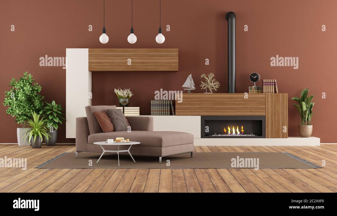 Modern living room with fireplace,bookcase and chaise lounge - 3d ...