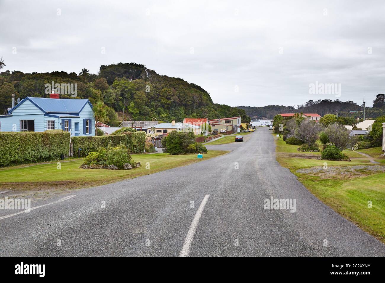 Street view in Oban, New Zealand, town on Stewart Island, main street ...