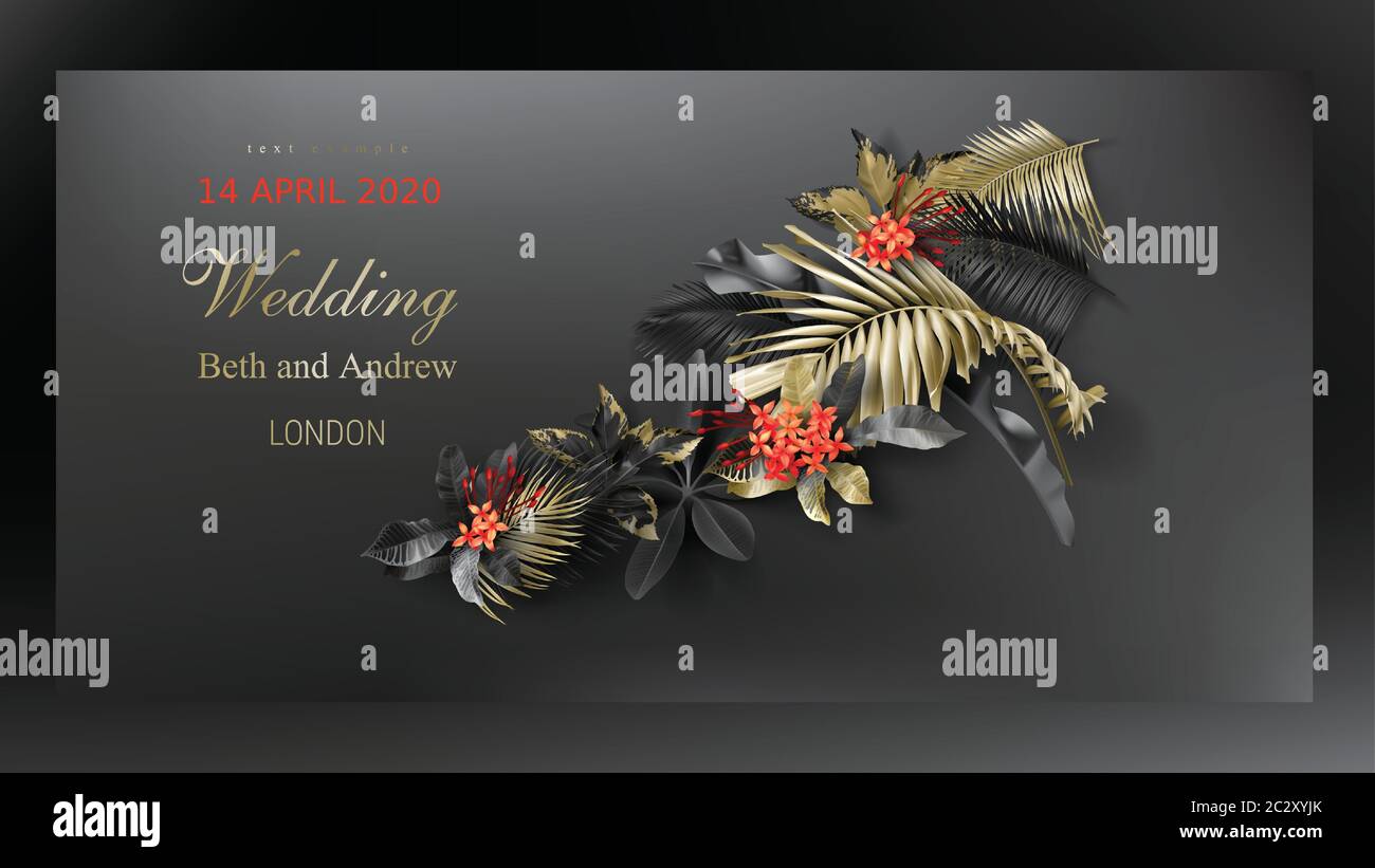 Tropical black and gold leaves on dark background vector poster ...