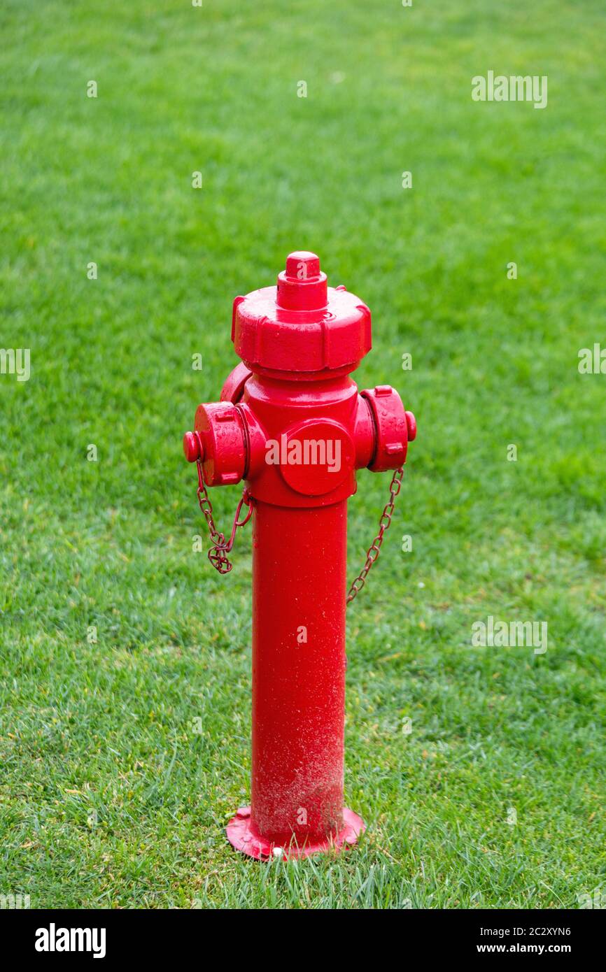 Red Fire Hydrant Pipe at Grass Lawn Stock Photo - Alamy