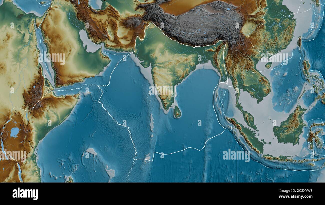 Outline of the Indian tectonic plate with the borders of surrounding ...