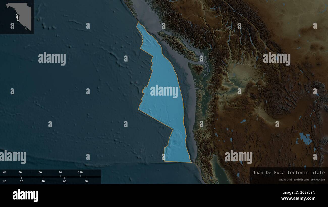 Juan De Fuca plate shape outlined on a darkened and desaturated ...