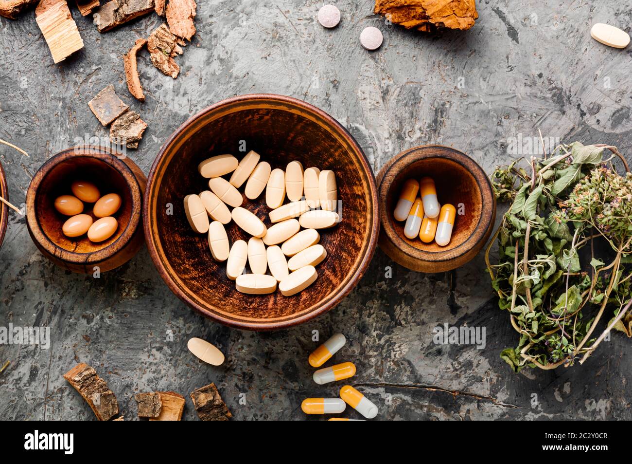 Herbal pills with healthy medical plant.Alternative medicine herbal and ...